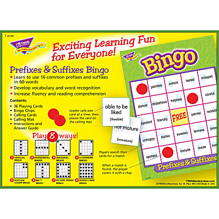 Trend Prefixes and Suffixes Bingo Game Educational 3 to 36 Players 1 ...