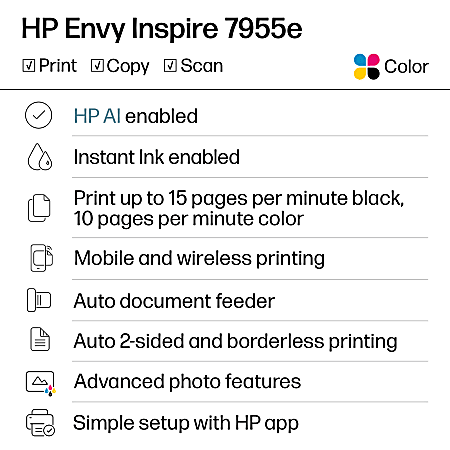 HP Envy Inspire 7955e Wireless Color Inkjet Printer prints scans copies ...