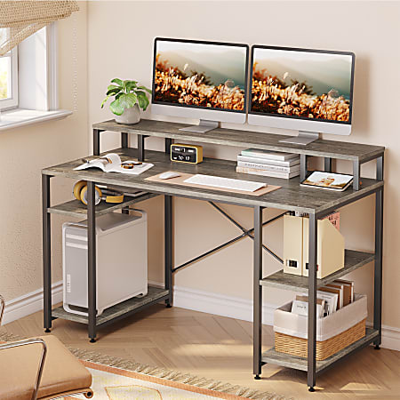 Bestier 56 W Student Desk With Monitor Stand Storage Shelf Dark Retro ...
