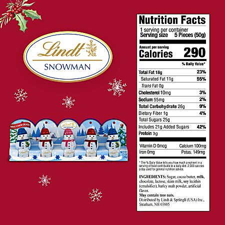 Lindt Holiday Mini Milk Chocolate Snowmen 1.7 Oz Pack Of 5 Snowmen ...