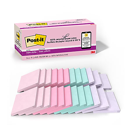 Post it Super Sticky Recycled Notes 24 Pads 3 in x 3 in 100percent Recycled 2x the Sticking Power School Supplies and Office Products Sticky Notes for Vertical Surfaces Monitors Walls and