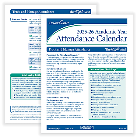 ComplyRight 2025 2026 Academic Attendance Calendar 8 12 x 11 Pack Of 50 ...