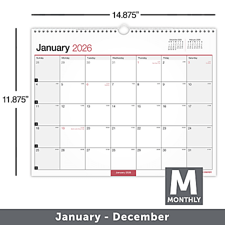 Office Depot Brand Monthly Wall Calendar 15 x 12 White January 2026 to ...