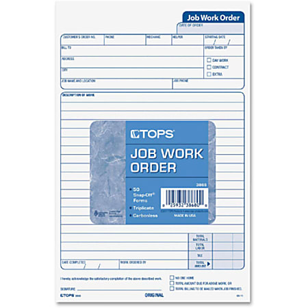 TOPS Triplicate Carbonless Job Work Orders 5 12 x 8 12 Pack Of 50 Forms ...
