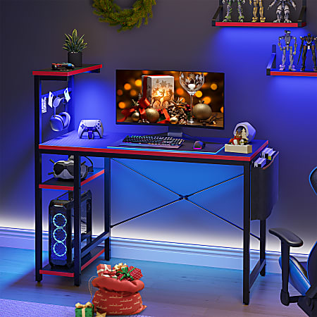 Bestier RGB Gaming Desk With Storage Shelf Side Pocket 45 W Black Carbon Fiber Office Depot