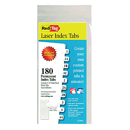Redi Tag Laser Index Tabs 716 x 1 White Pack Of 180 - Office Depot
