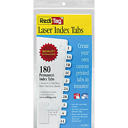 Redi Tag Laser Index Tabs 716 x 1 White Pack Of 180 - Office Depot