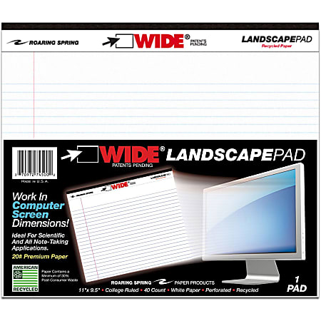 WIDE Landscape Format Writing Pad MediumCollege Rule 11 x 9.5 White 40 ...