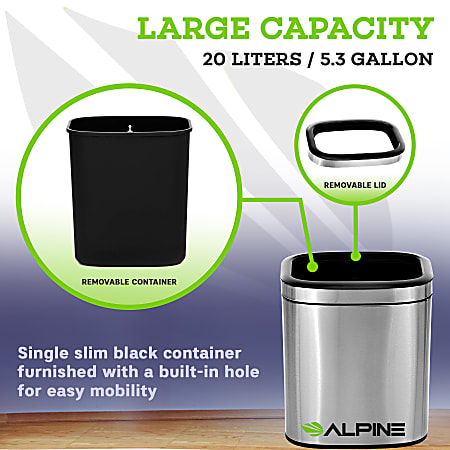 Alpine Stainless Steel Rectangular Liner Open Top Trash Can 5.3 Gallon ...