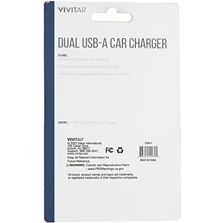 Vivitar Dual USB A Car Charger White NIL6001 WHT STK 24 - Office Depot
