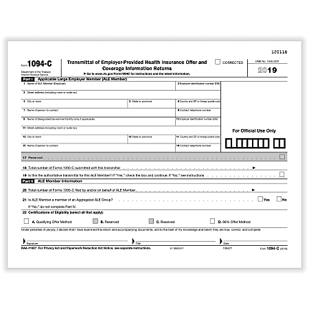 ComplyRight 1094 C Transmittal InkjetLaser Tax Forms 8 12 x 11 Pack Of ...