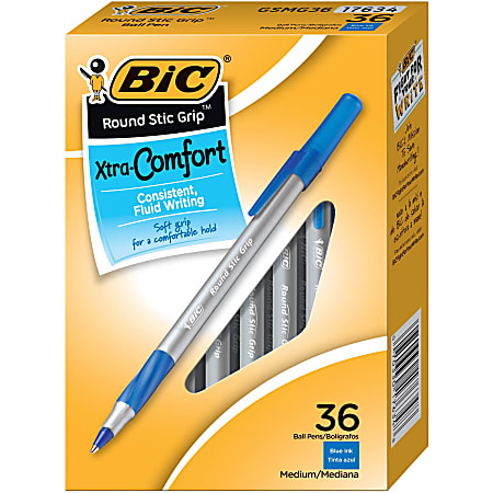 BIC Round Stic Grip Ballpoint Pens Medium Point 1.2 mm Blue Ink Pack Of ...