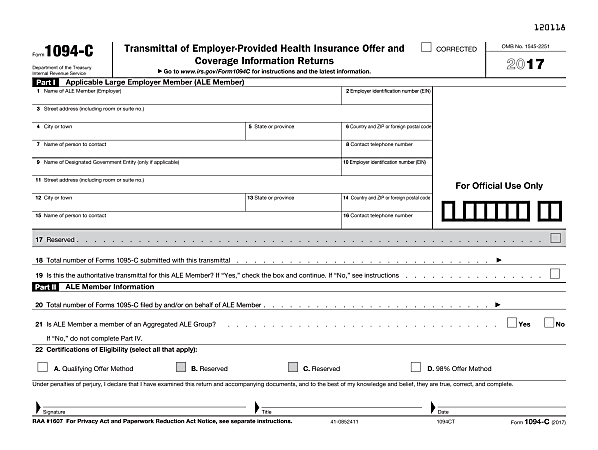 ComplyRight 1094 C InkjetLaser Transmittal Tax Forms 8 12 x 11 Pack Of ...