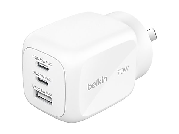 Belkin 70W GaN 3 Port USB Wall Charger 1xUSB A 2xUSB C Foldable Prongs ...