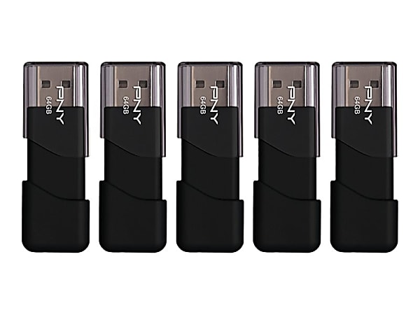 PNY Attache 3 USB 2.0 Flash Drives 64GB Black Pack Of 5 Flash Drives ...
