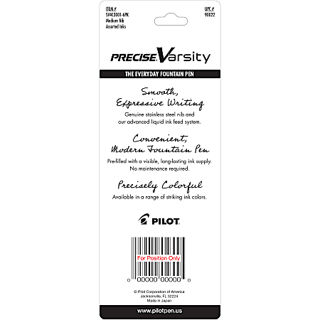 Pilot Precise Varsity Fountain Pens Medium Nib Black Barrel Assorted ...