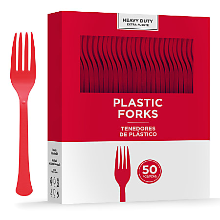 Amscan 8017 Solid Heavyweight Plastic Forks Apple Red 50 Forks Per Pack ...