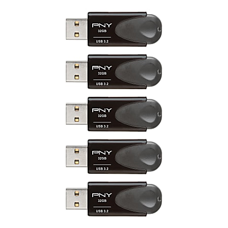 PNY Elite Turbo Attach 4 USB 3.2 Flash Drives 32 GB Dark Gray Pack Of 5 ...