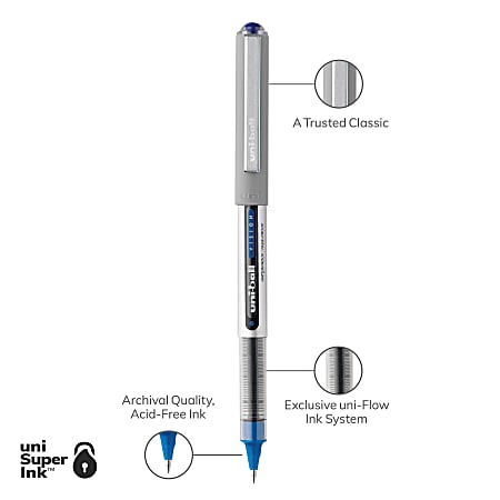 uni ball Vision Rollerball Pens Fine Point 0.7 mm Gray Barrel Blue Ink ...