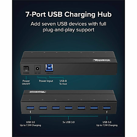 Plugable 7 Port USB 3.0 Hub with 36W Power Adapter Connect up to seven ...