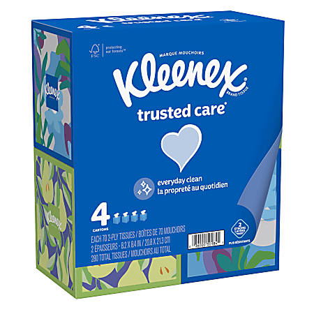 Kleenex Trusted Care 2 Ply Facial Tissues White 70 Tissues Per Box Pack Of 4 Office Depot