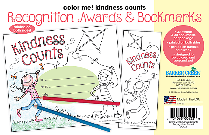 Barker Creek Color Me Awards And Bookmarks Set Kindness Counts - Office ...