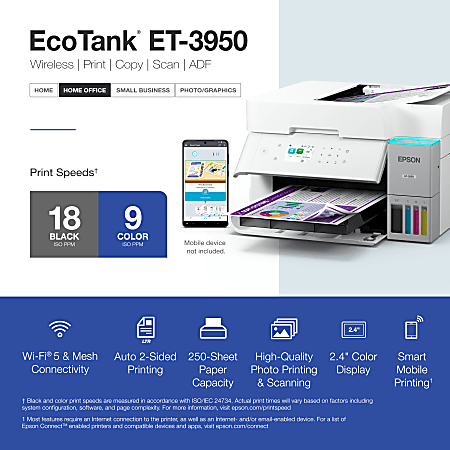 Epson EcoTank ET 3950 Wireless All in One Color Supertank Printer White ...
