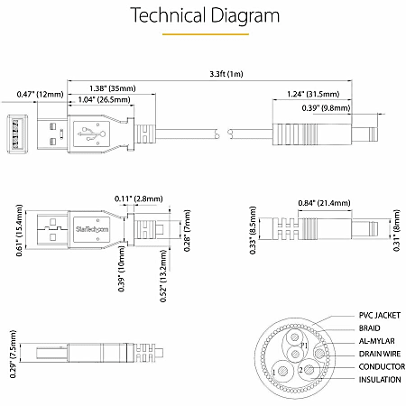 StarTech.com 1m USB to Type N Barrel 5V DC Power Cable USB A to 5.5mm ...