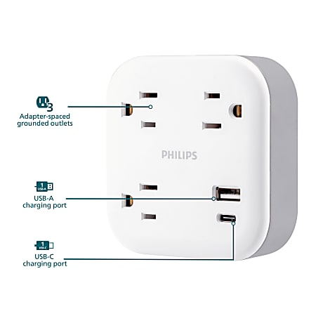 Philips Elite 3 Outlet Surge Tap With USB 6 34 H x 5 34 W x 1 1516 D ...