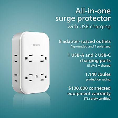 Philips All in One 8 Outlet Surge Tap 8018 H x 5 34 W x 2 14 D ...