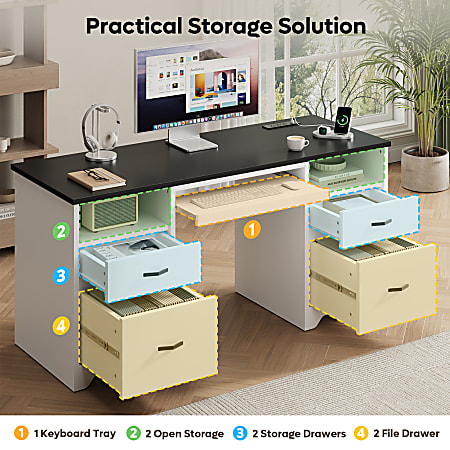Bestier 59 Rectangular Computer Desk with Drawers and Power Outlet Home ...
