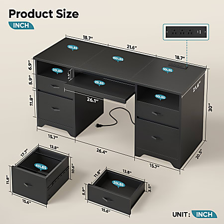 Bestier 59 Rectangular Computer Desk with Drawers and Power Outlet Home ...