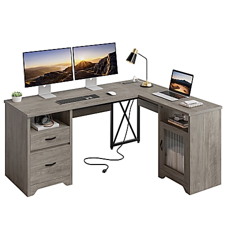 Bestier 63 W L Shaped Corner Desk With Drawers and Power Outlets Gray ...