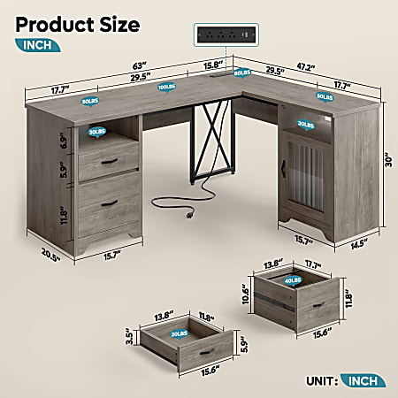 Bestier 63 W L Shaped Corner Desk With Drawers and Power Outlets Gray ...