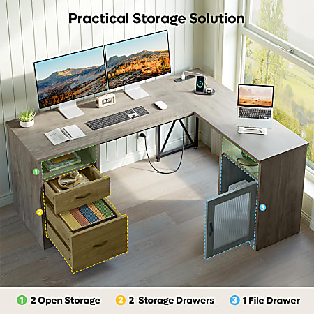 Bestier 63 W L Shaped Corner Desk With Drawers and Power Outlets Gray ...