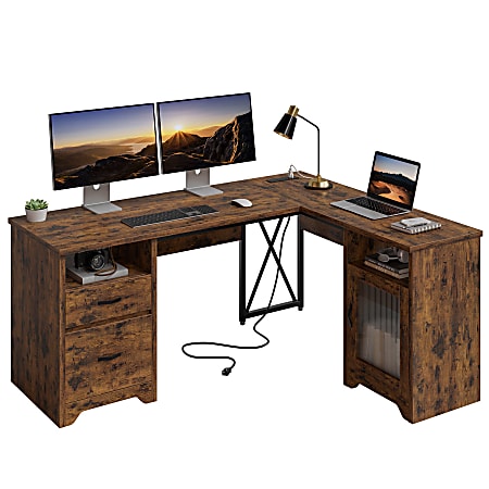 Bestier 63 W L Shaped Corner Desk With Drawers and Power Outlets Rustic ...