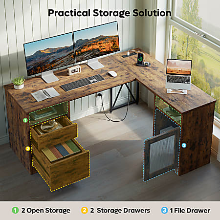 Bestier 63 W L Shaped Corner Desk With Drawers and Power Outlets Rustic ...