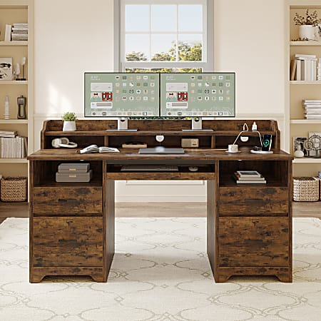 Bestier 60 W Computer Desk With Keyboard Tray And Power Outlet Rustic ...