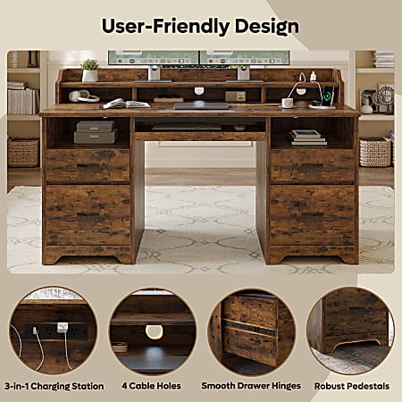 Bestier 60 W Computer Desk With Keyboard Tray And Power Outlet Rustic ...