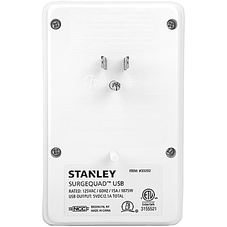 Stanley SurgeQuad 33202 4 AC Outlet And 2 USB Wall Tap White - Office Depot