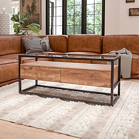 Flash Furniture Rustic Glass Coffee Table With Drawers 19 34 H x 48 34 ...