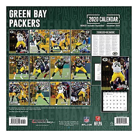 Turner Licensing Monthly Wall Calendar, 12" x 12", Green Bay Packers, 2020