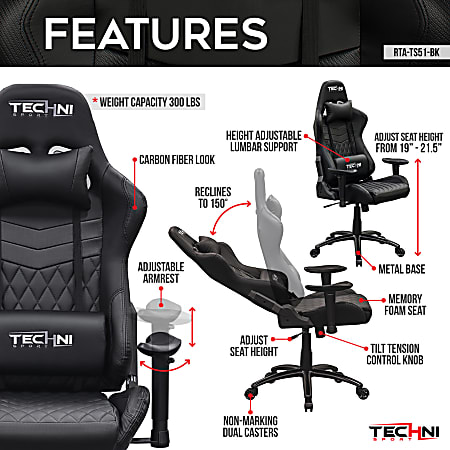 Techni Sport Ergonomic Faux Leather Computer Gaming Chair Black ...