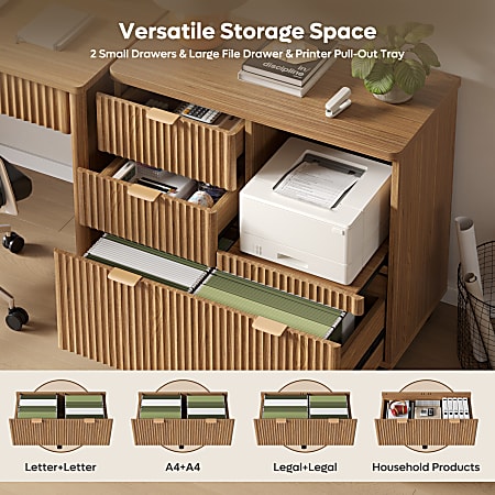 Bestier 32 3 Drawers Fluted Wood Mobile Lateral File Cabinet with ...