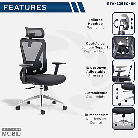 Techni Mobili Truly Ergonomic Mesh High Back Task Chair Black Total Qty ...