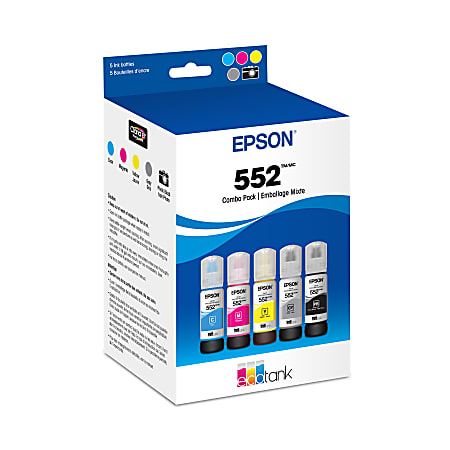 Epson® 552 Claria® Black, Cyan, Gray, Magenta, Yellow Ink Bottles, Pack ...