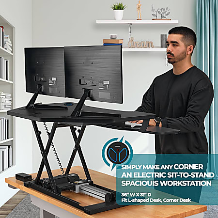 VersaDesk PowerPro Corner Sit To Stand Height Adjustable Electric Desk Converter 36 W x 31 D Black Office Depot