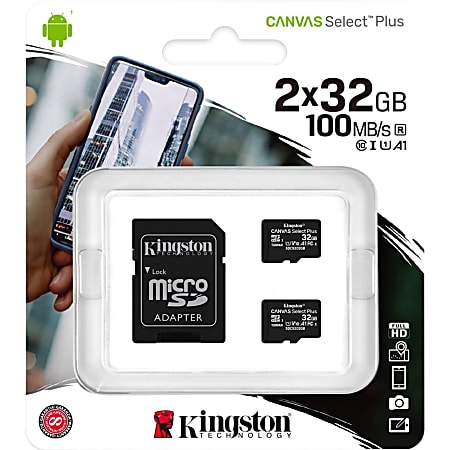 Kingston Canvas Select Plus SDCS2 32 GB Class 10UHS I U1 microSDHC 2 Pack 100 MBs Read Lifetime ...
