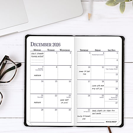 AT A GLANCE Fine Diary 2026 Weekly Monthly Diary Black Brown Pocket 3 x ...