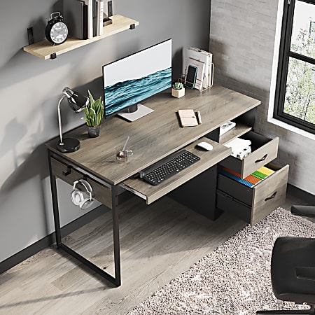 Computer desk with keyboard tray and file drawer store